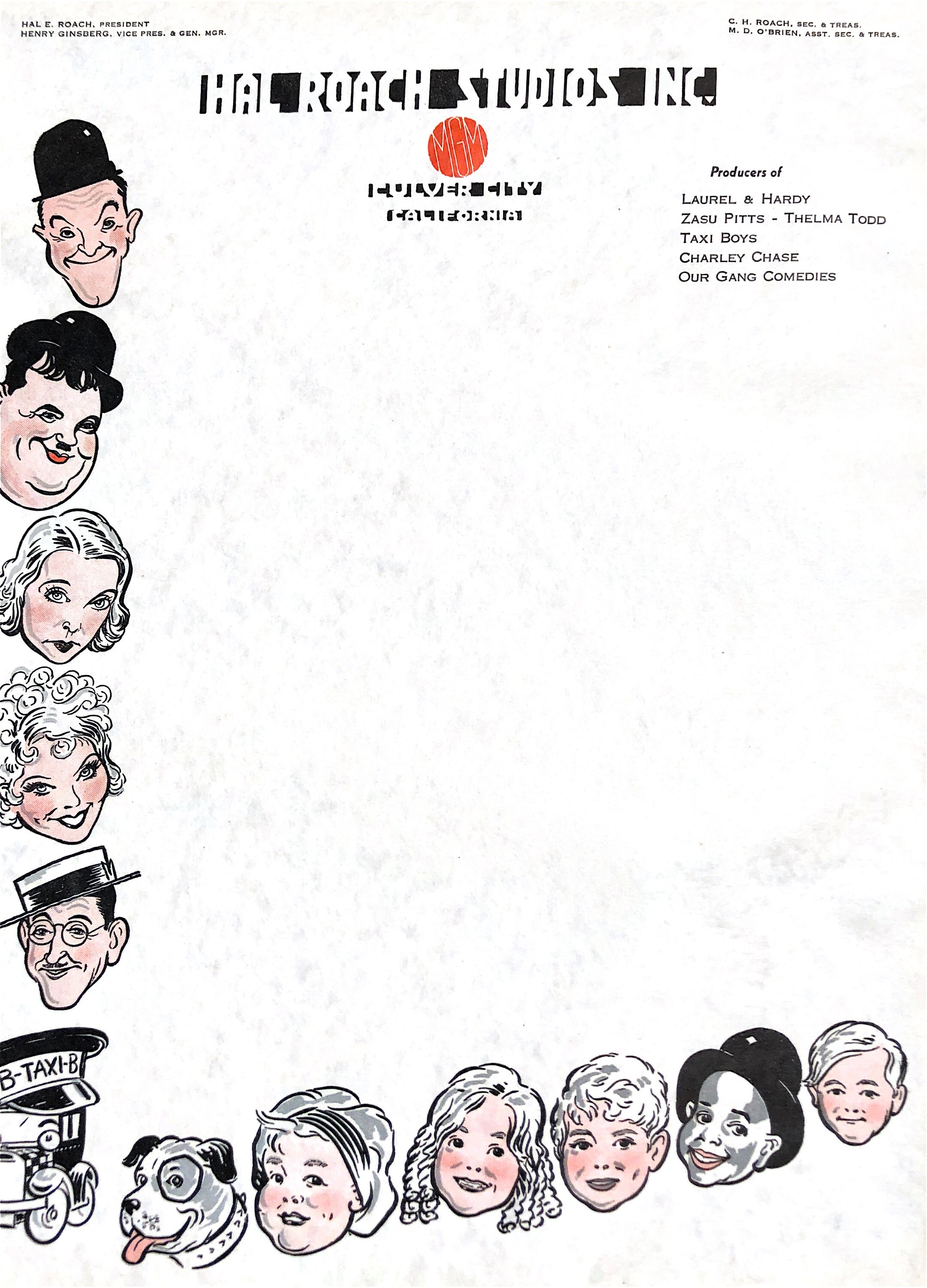 Hal Roach Studios, Inc., MGM Single Sheet of Letterhead Vintage ...