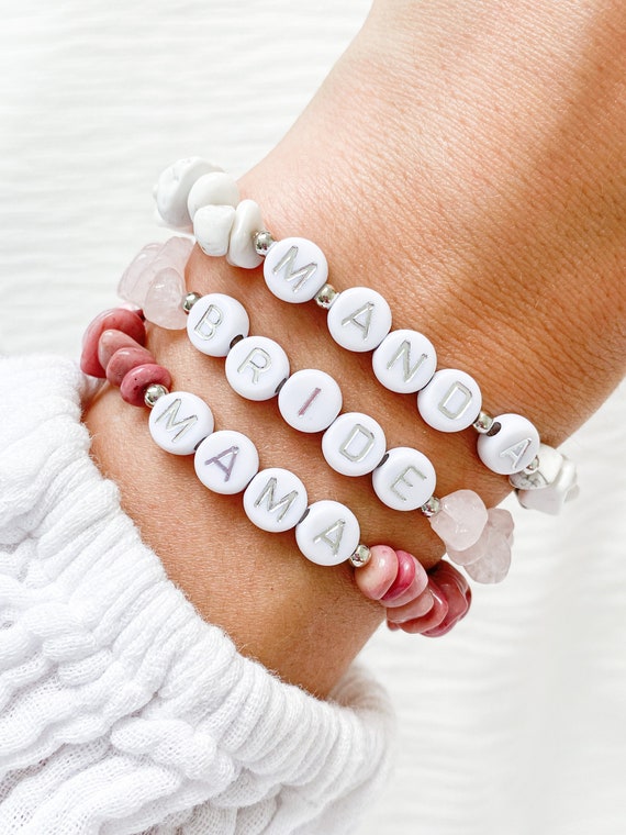 Personalised Crystal Bracelet Choose Your Crystal Pink Gemstone Bracelet With Name Rose Quartz Chip Custom Gemstone Bracelet Etsy