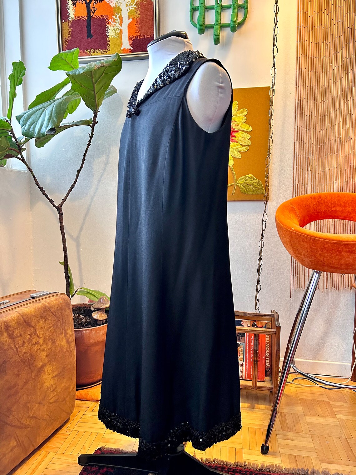 Large True Vintage 60s trévise Black Crepe Trapeze Mod Party Dress With ...