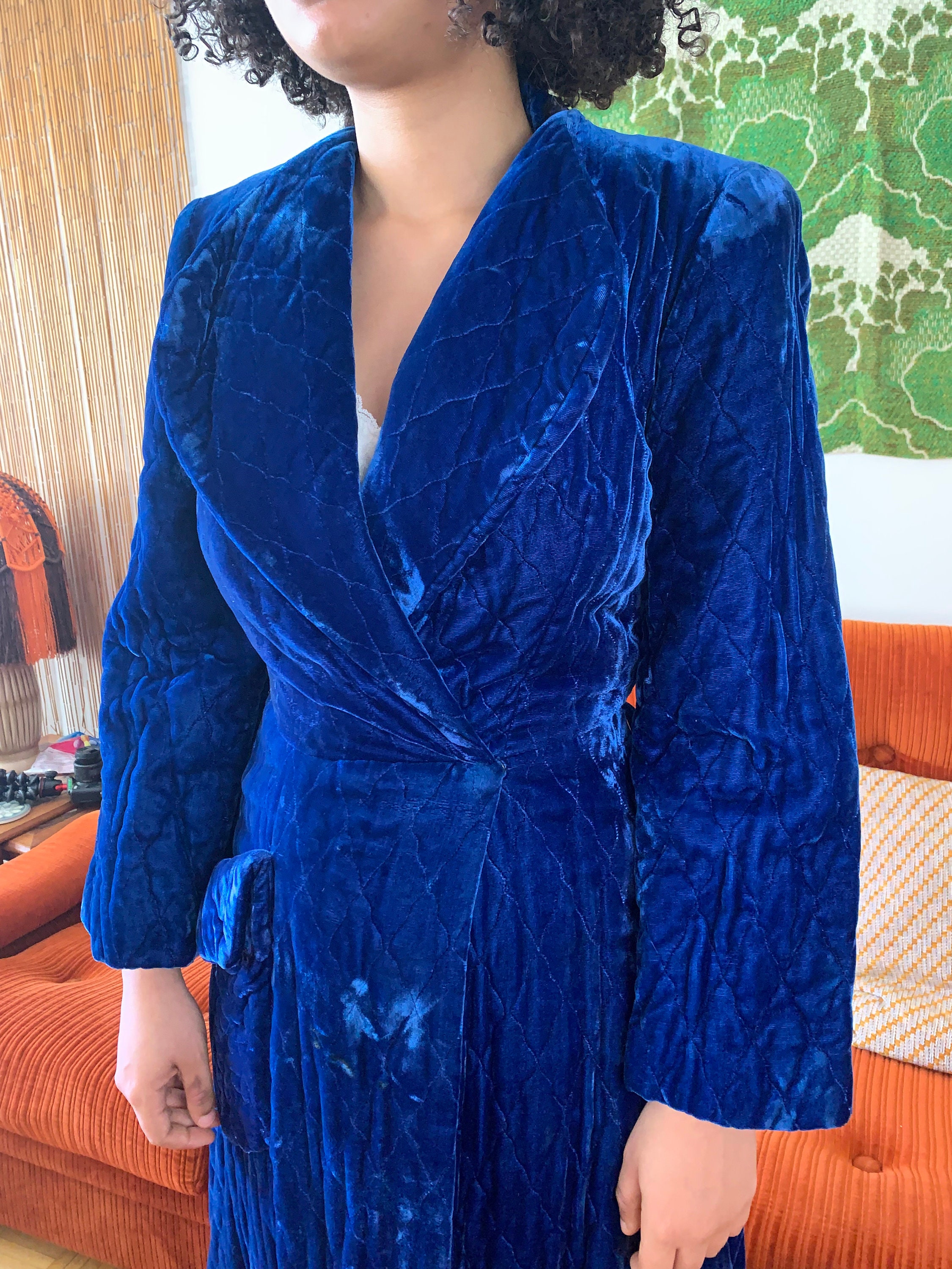 XS-S 1940s Cobalt Blue True Vintage Silk Velvet, Satin Lined Dressing ...