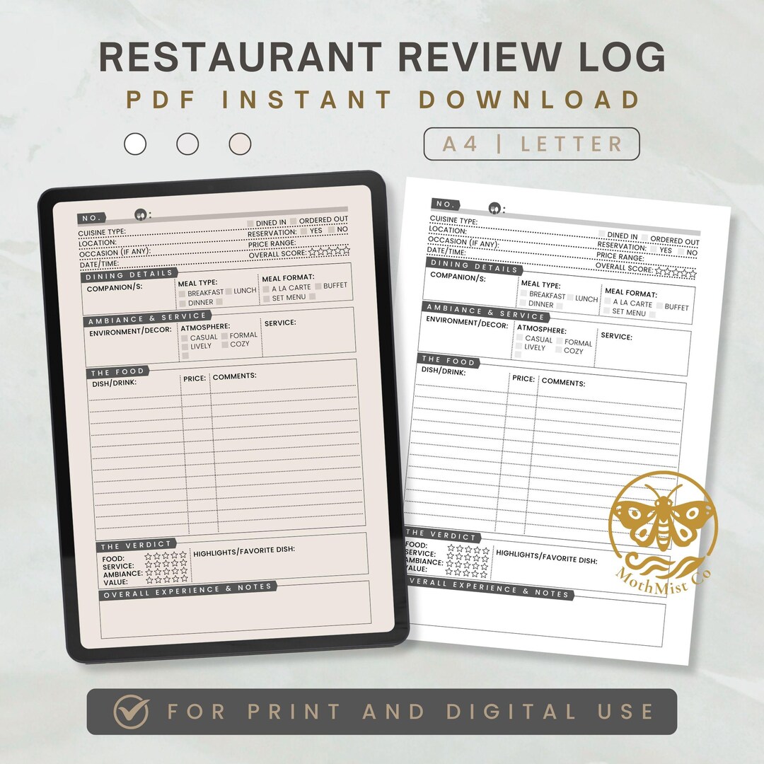 Restaurant Review Journal Printable PDF Download, Food Critic Digital ...
