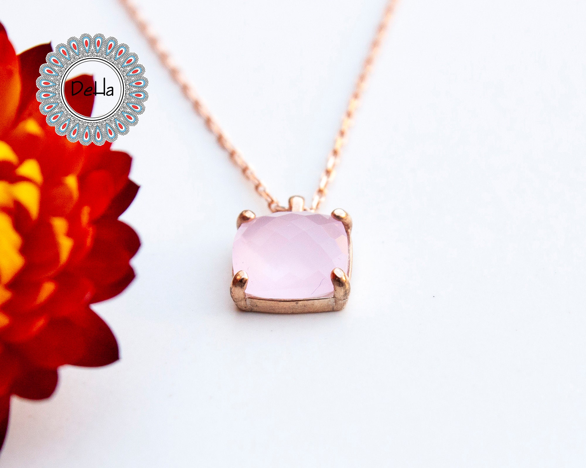 Tiny Rose Quartz Necklace in Rose Gold Plated, Small Gemstone Necklace ...
