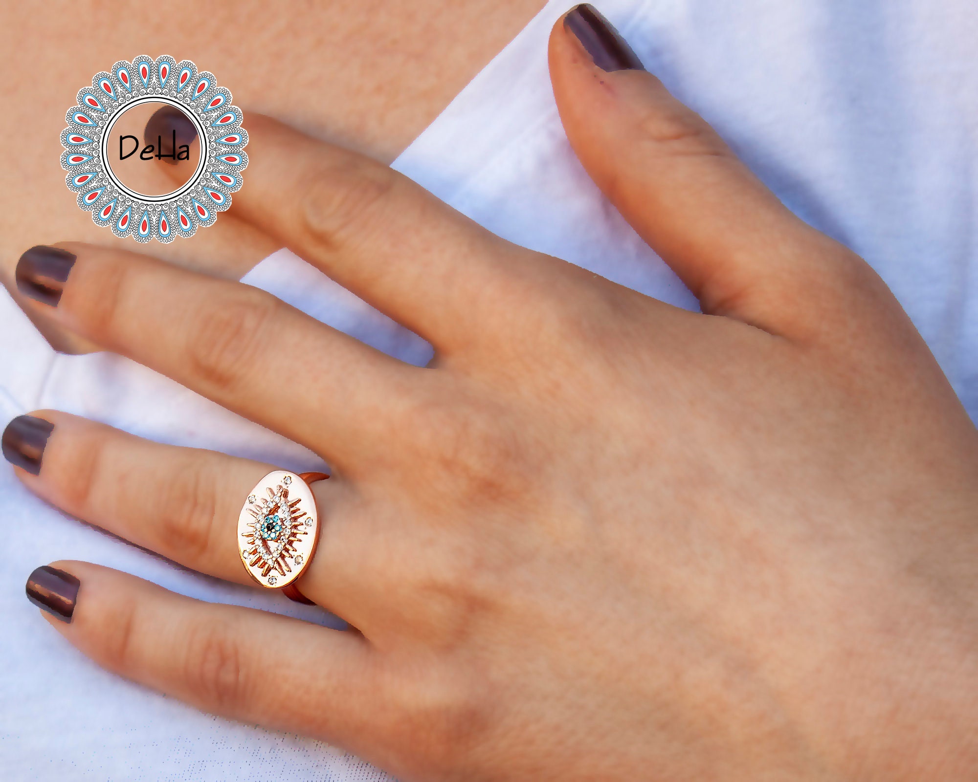 Mystic Evil Eye Women Ring, Rose Gold Turkish Eye Ring, 925 Sterling ...