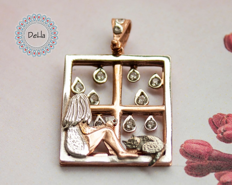 Rose Gold Plated Sterling Silver Window Pendant: Girl, Cat, Rain - Etsy