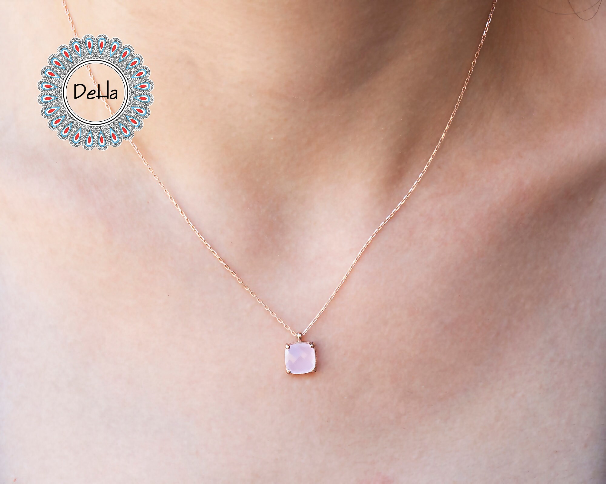 Tiny Rose Quartz Necklace in Rose Gold Plated, Small Gemstone Necklace ...