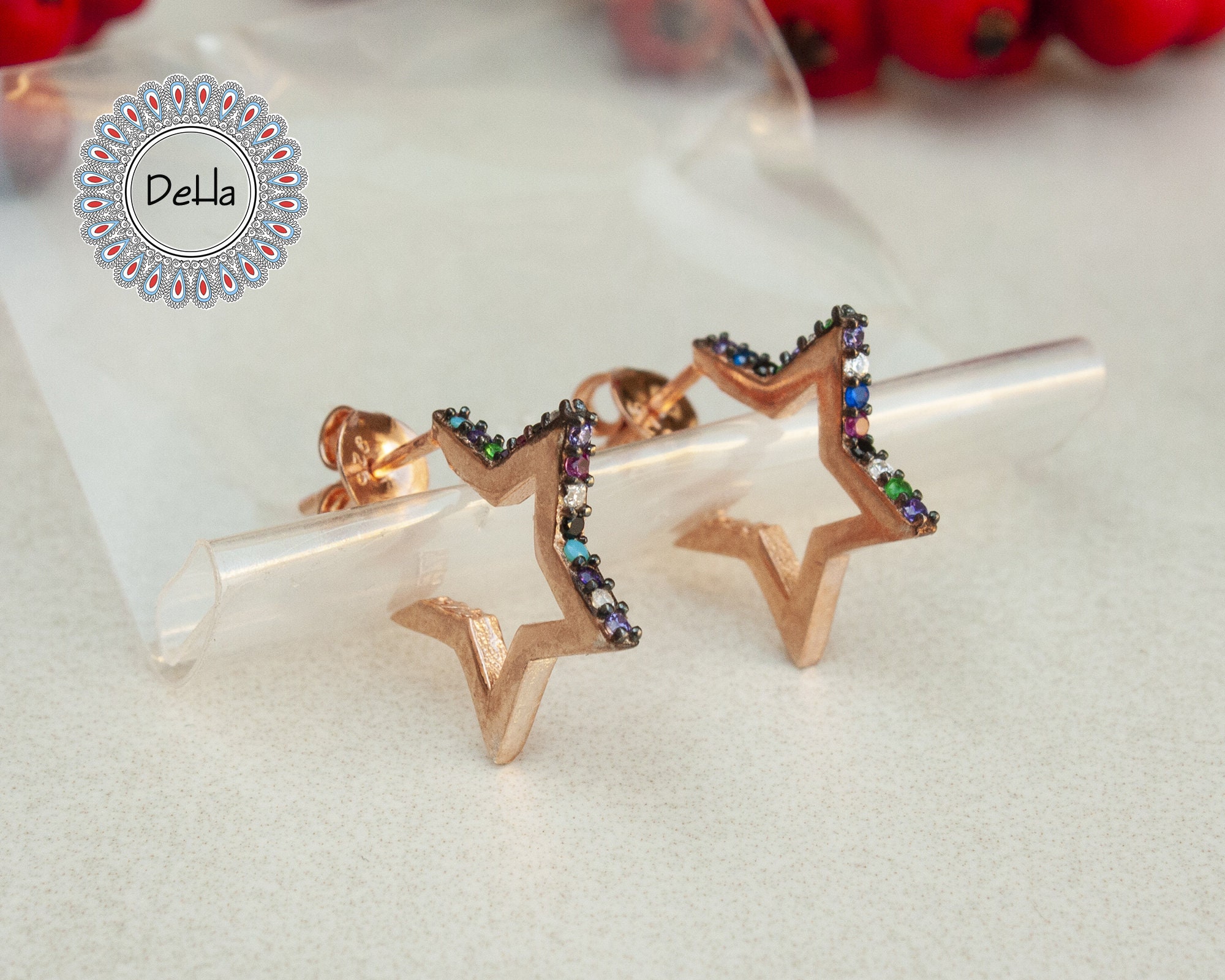 Mix Stone Small Star Earrings, Tiny Star Earrings, Multi Stone Earring ...