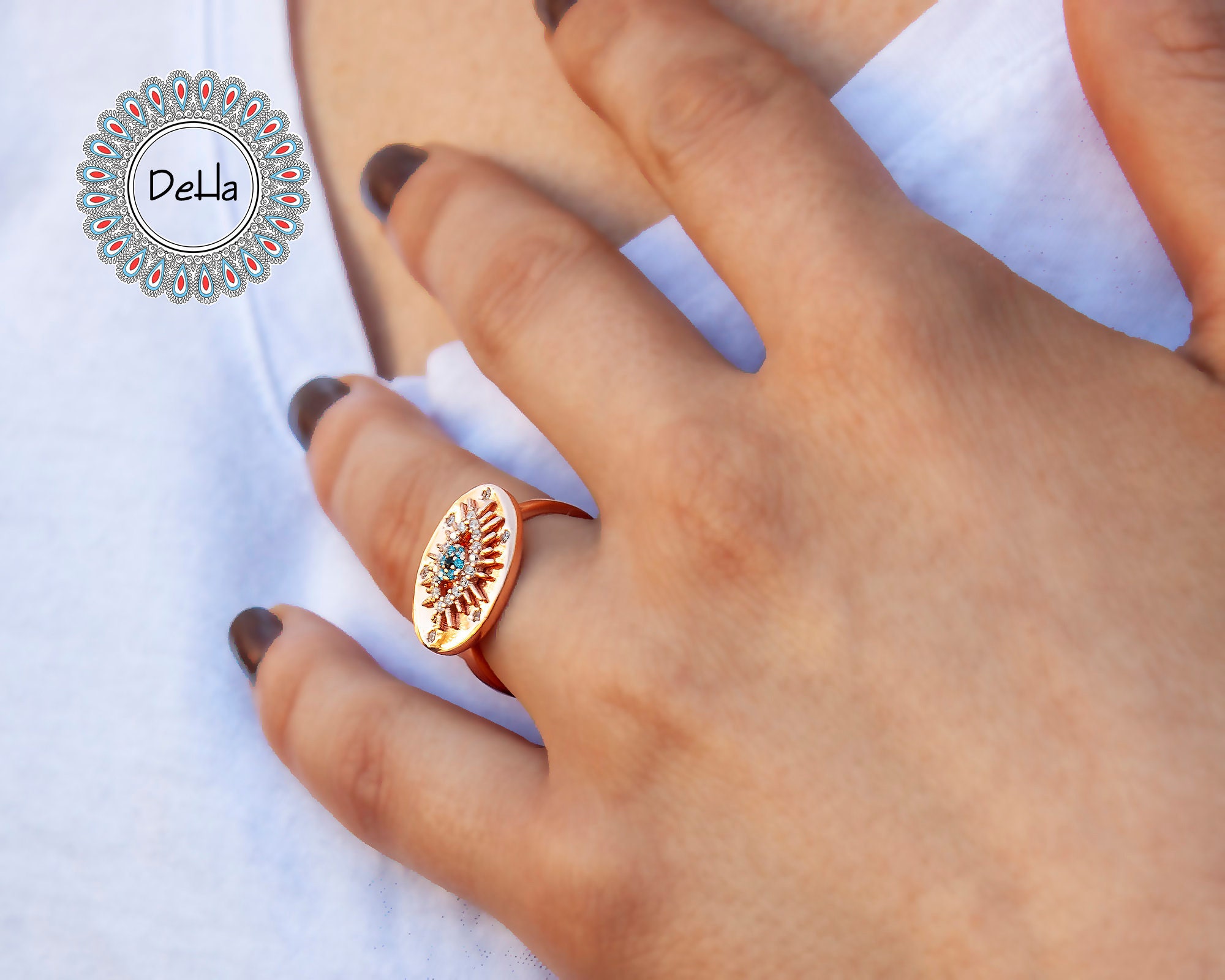 Mystic Evil Eye Women Ring, Rose Gold Turkish Eye Ring, 925 Sterling ...