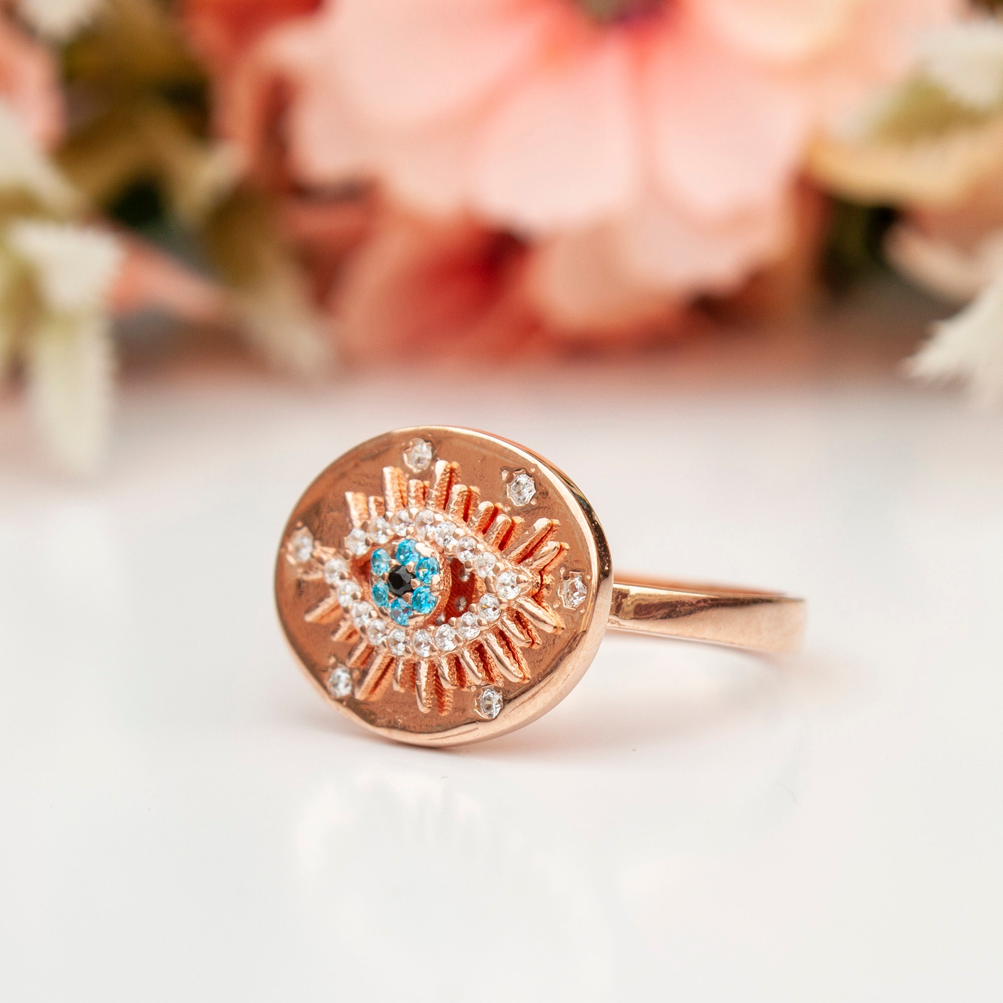 Mystic Evil Eye Women Ring, Rose Gold Turkish Eye Ring, 925 Sterling ...