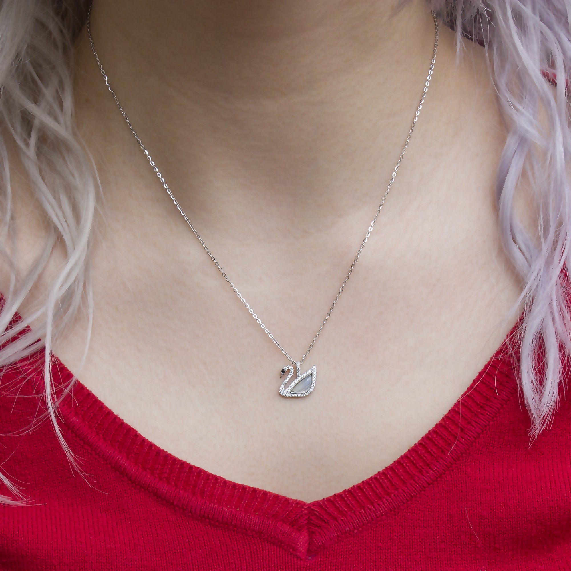 Sterling Silver Swan Necklace, Swan Charm Necklace, Cubic Zirconia ...