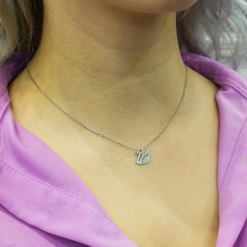 Sterling Silver Swan Necklace, Swan Charm Necklace, Cubic Zirconia ...