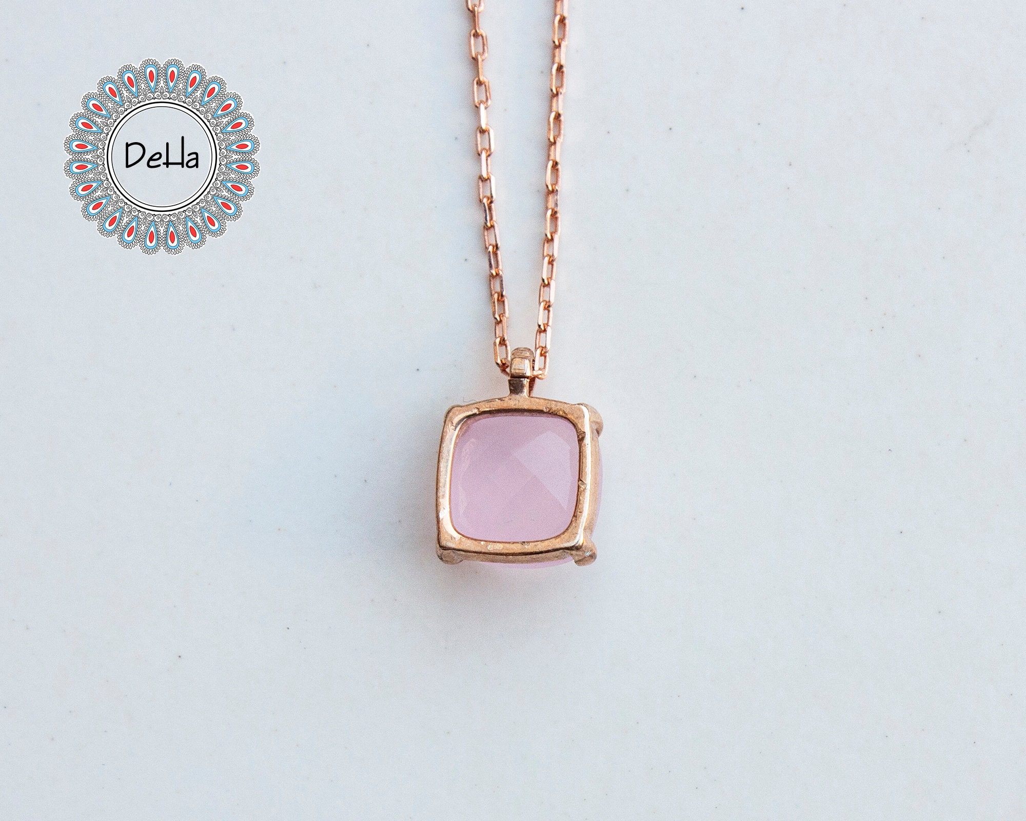 Tiny Rose Quartz Necklace in Rose Gold Plated, Small Gemstone Necklace ...