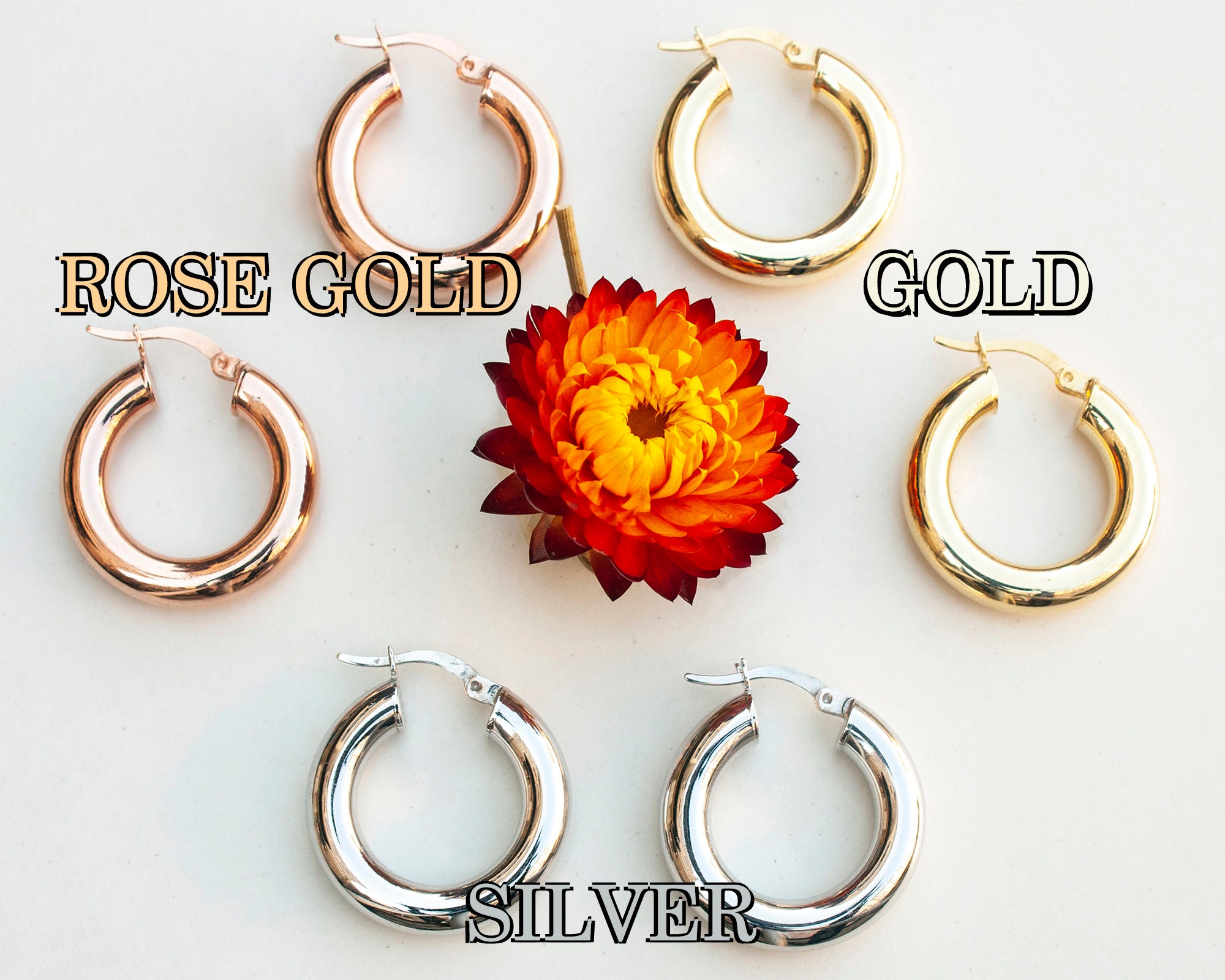 Medium Rose Thick Hoop Earring, Chunky Hoops, Chunky Hoop Earrings, Everyday Hoops, Big Hoop ...