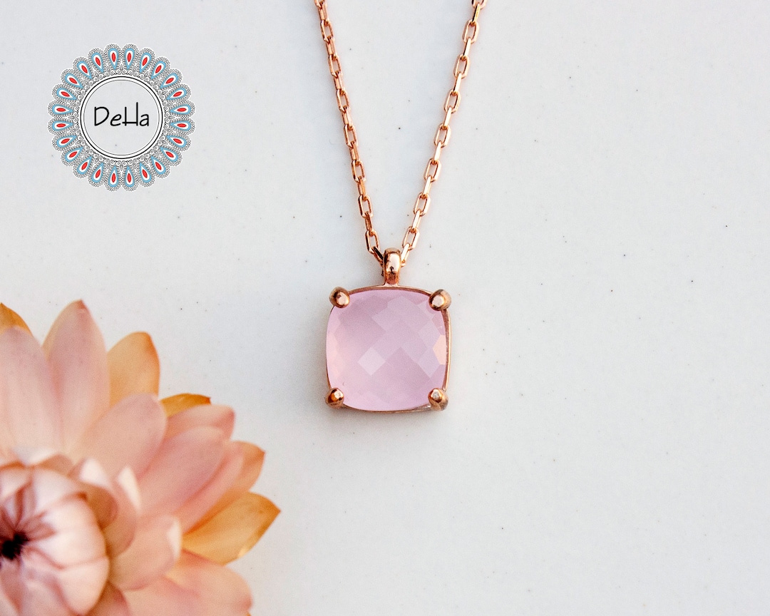 Tiny Rose Quartz Necklace in Rose Gold Plated, Small Gemstone Necklace ...