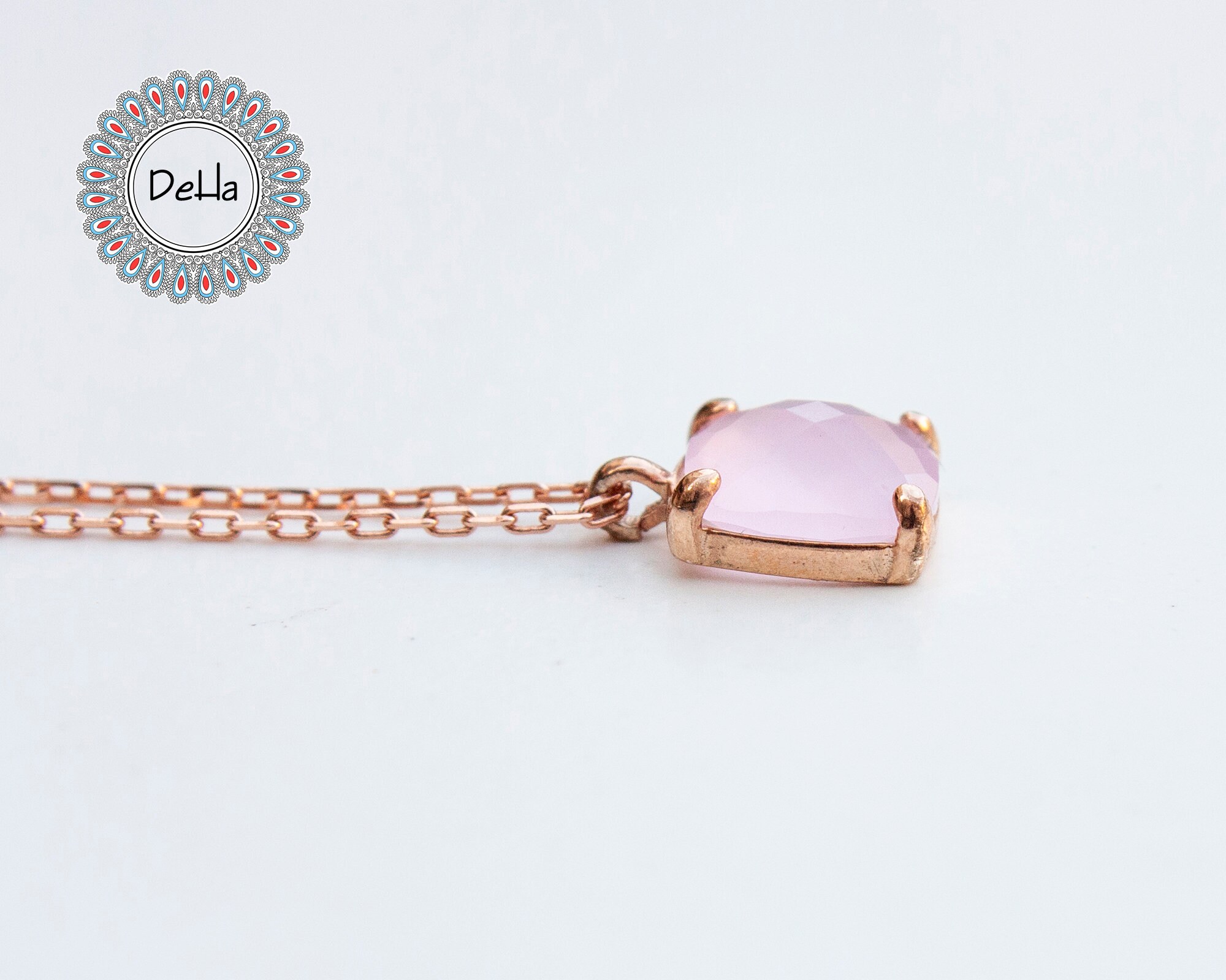 Tiny Rose Quartz Necklace in Rose Gold Plated, Small Gemstone Necklace ...