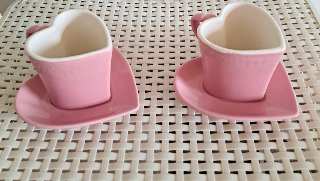 Set of 2 Heart-shaped Pink Ceramic Cups & Saucers – Romantic Tableware ...