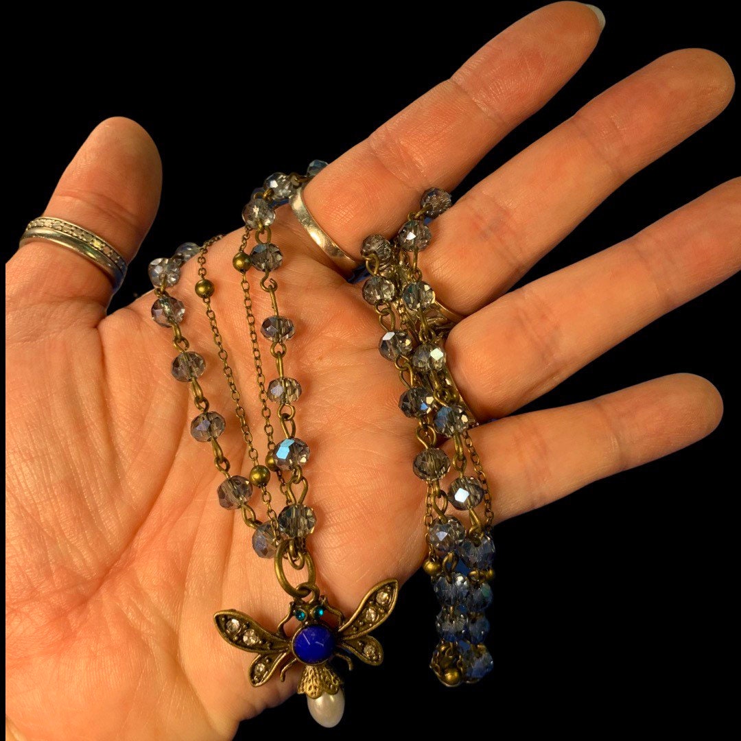 Lightning Bug Necklace/blue Glass and Pearl Beaded Necklace/insect ...