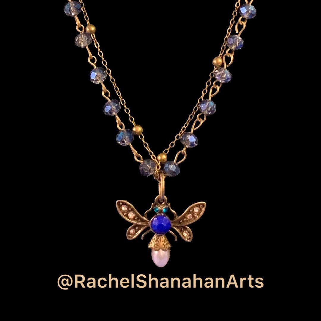 Lightning Bug Necklace/blue Glass and Pearl Beaded Necklace/insect ...