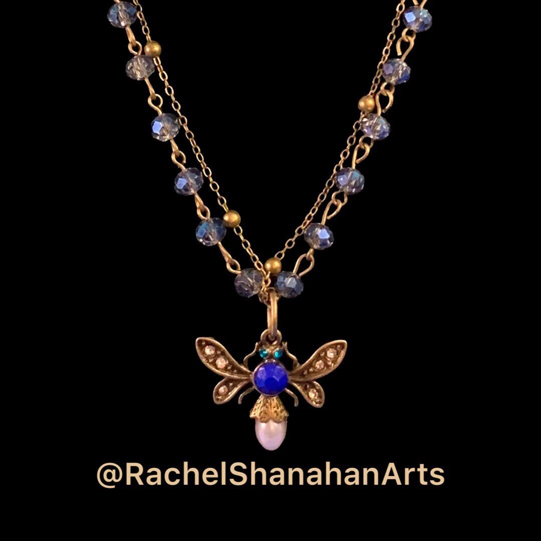 Lightning Bug Necklace/blue Glass and Pearl Beaded Necklace/insect ...
