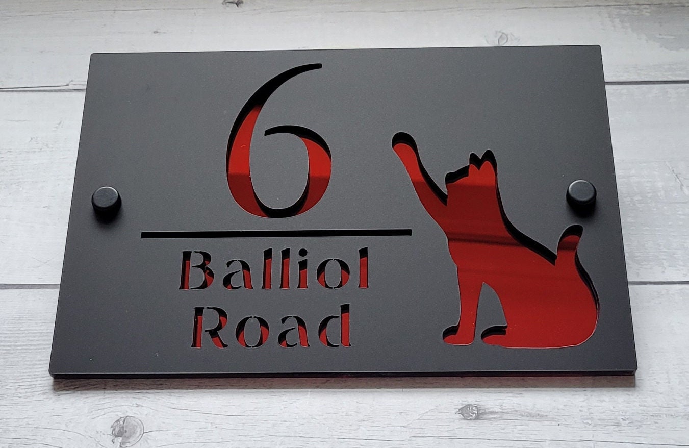 MODERN HOUSE SIGN | Cat House Sign | Black Matt and Mirror Red - Etsy UK