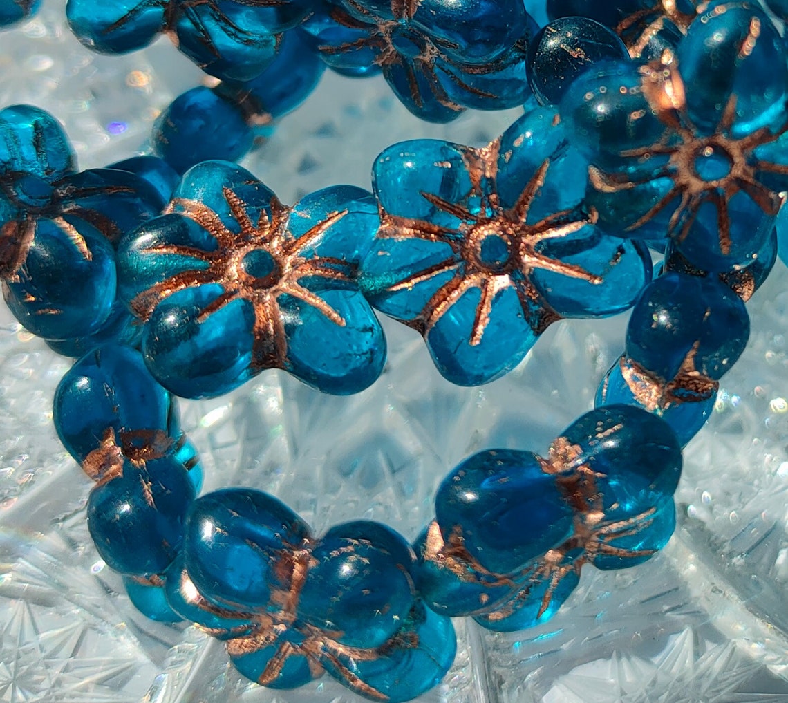 20 Premium Czech Glass Flower Beads 14x12mm Flower Aqua Blue Etsy