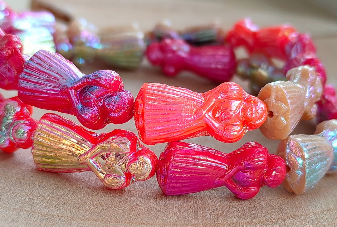10 Czech Glass Figurines Beads, 21x10mm Red Orange Ivory Pearl Bead ...