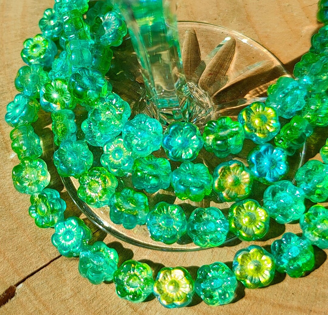 Czech Glass Hawaii Flower Beads, Transparent Green AB Luster, 6mm - Etsy