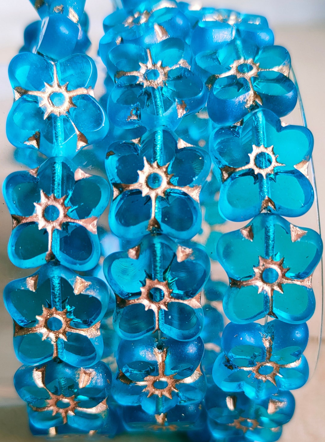 10/25 Premium Czech Glass Flower Bead, 14x12mm Aqua Blue Gold Bead ...
