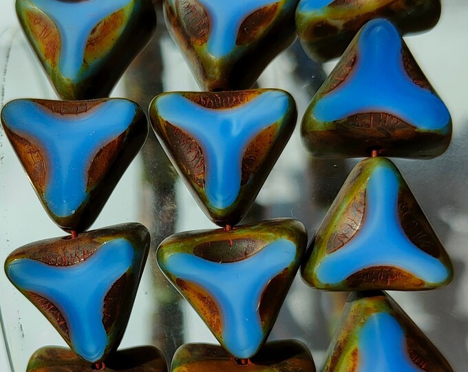 10 Premium Picasso Czech Glass Triangle Beads, 13mm Sky Blue Opaque ...