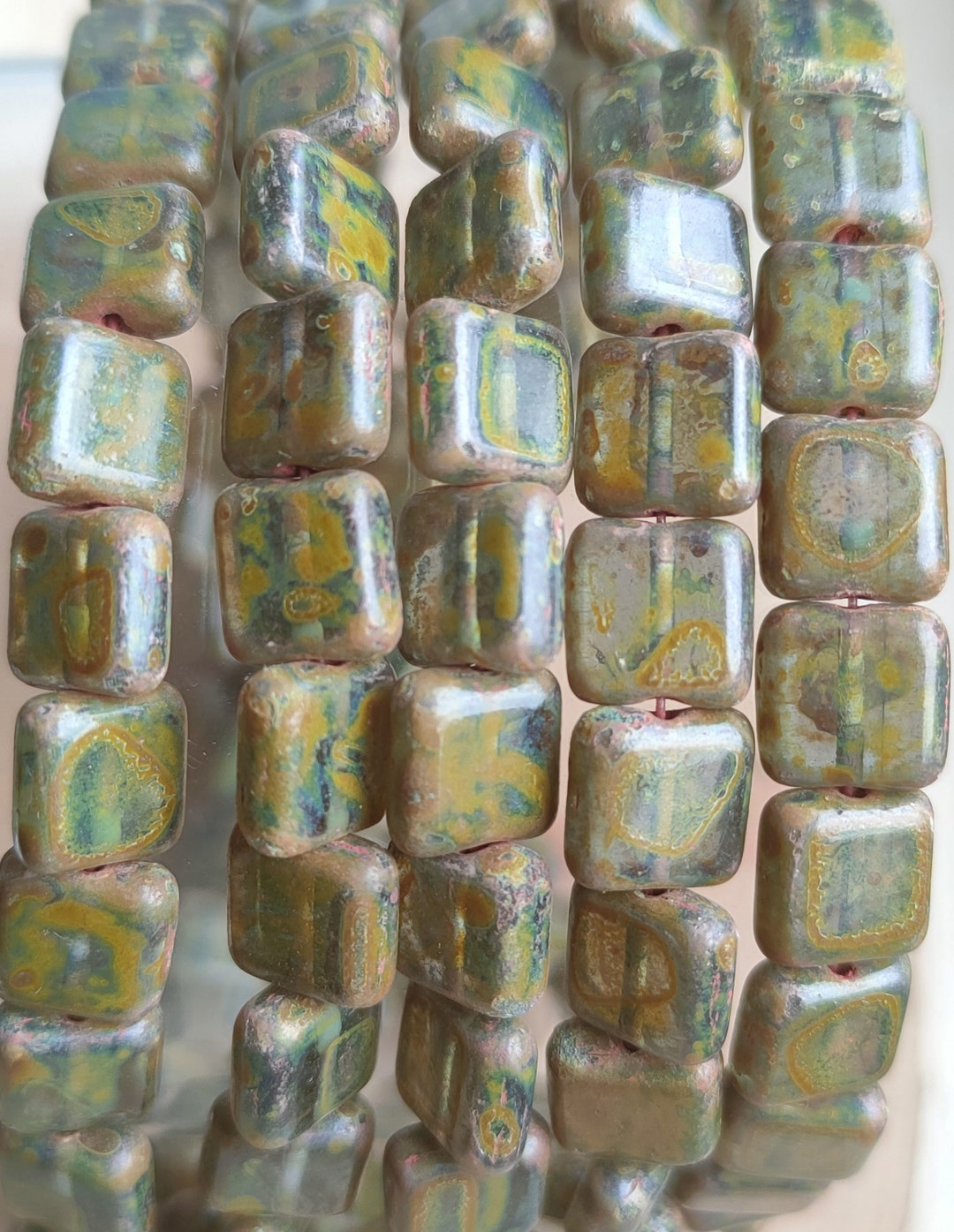 10/30pcs Czech Premium Picasso Square Glass Beads, 8x8mm Green Brown ...