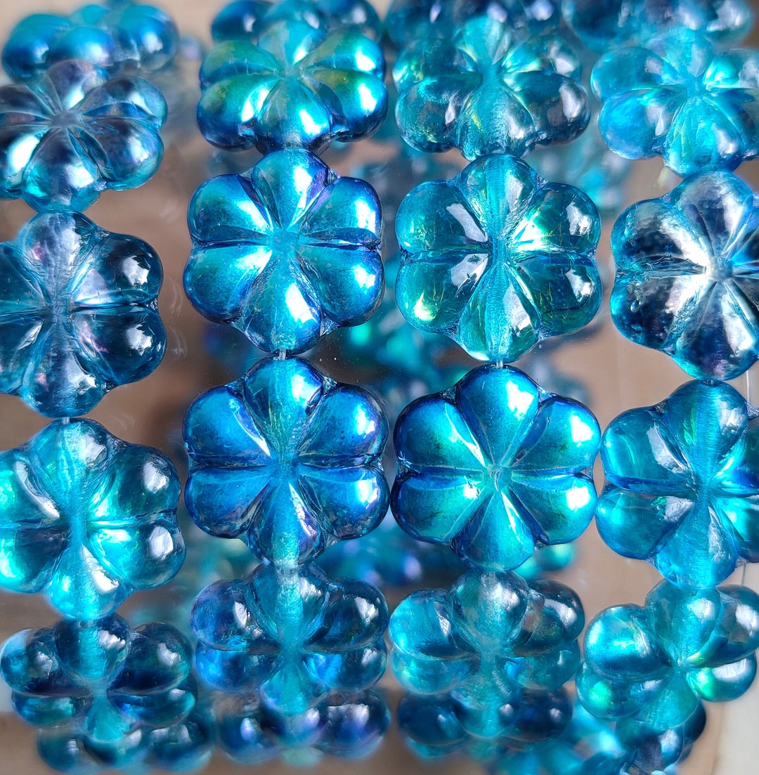 6 Czech Glass Flower Beads 15mm Blue Luster Beads Pressed Czech Glass