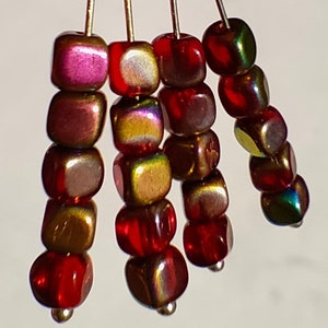 60 Czech Cube Glass Beads, 3,5mm Dark Red Metallic Rainbow AB Polished ...