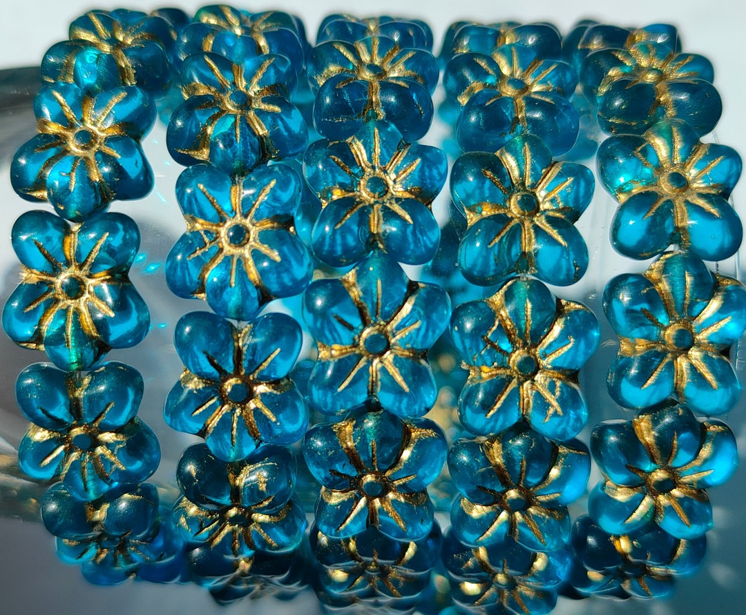 20 Premium Czech Glass Flower Beads 14x12mm Flower Aqua Blue Gold