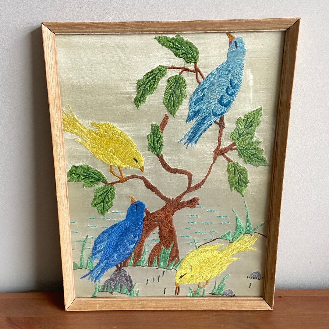Vintage Crewel Birds on Silk Like Fabric - Framed Art - 17” X 13” - Etsy