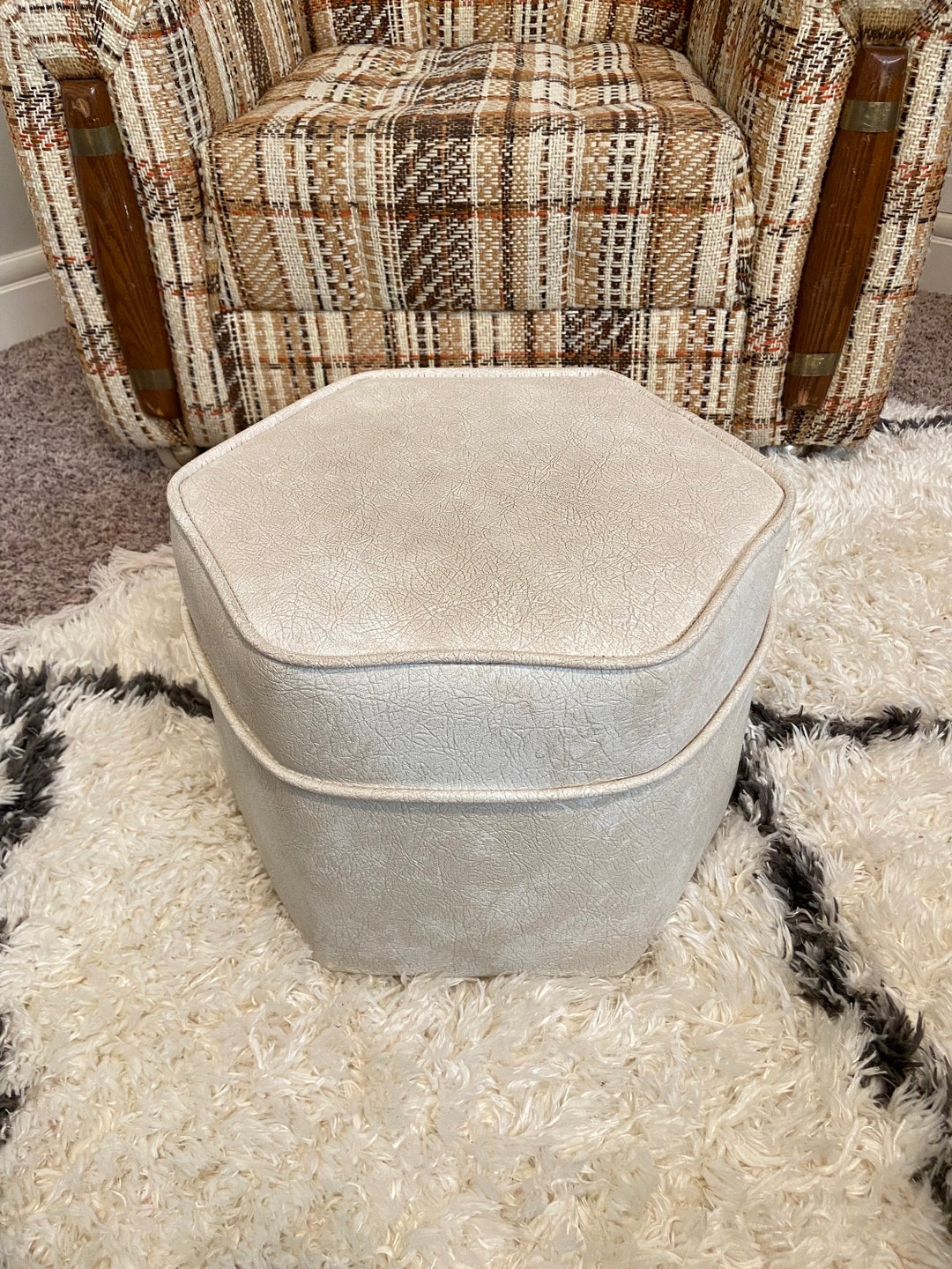 Vintage 1960s Mini Octagon Ottoman - 13” X 15” 10” Tall - Faux Leather ...