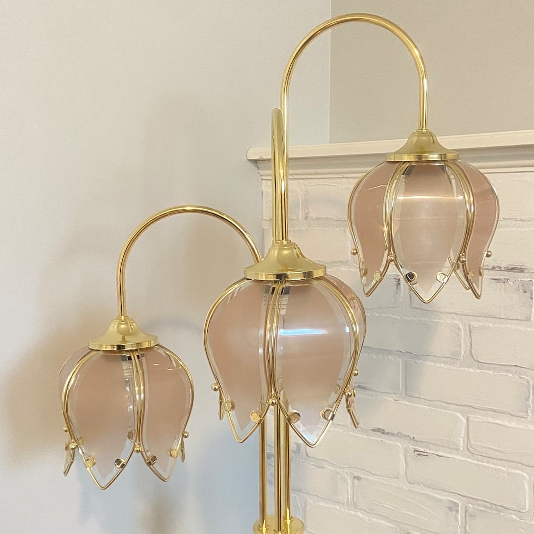 Vintage 3 Stem Drooping Tulip Floor Lamp Brass Colour and Solid Pink ...