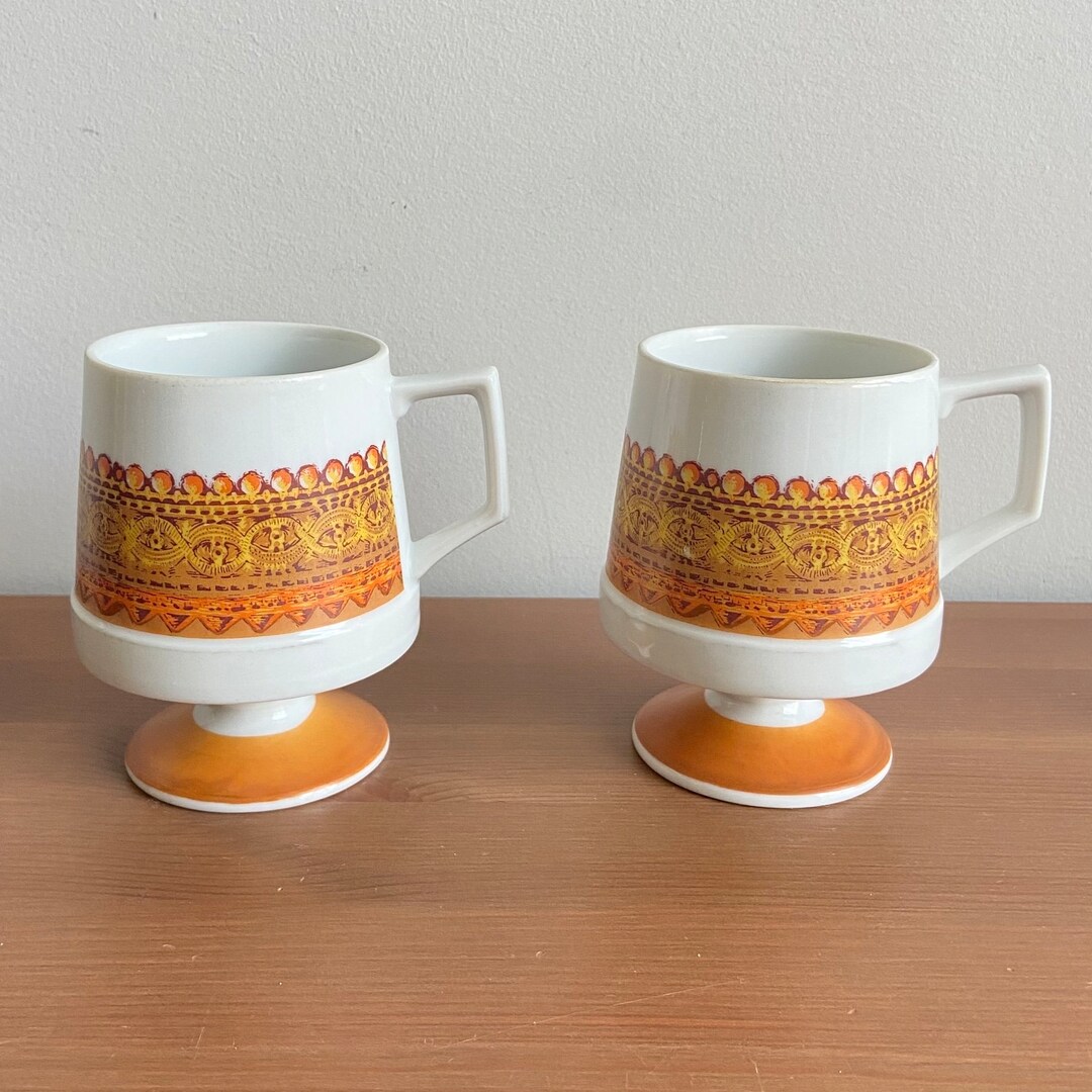 Vintage Mcm Stem Bottom Mugs - 4” Tall X 2.5” Wide - Unique Orange ...