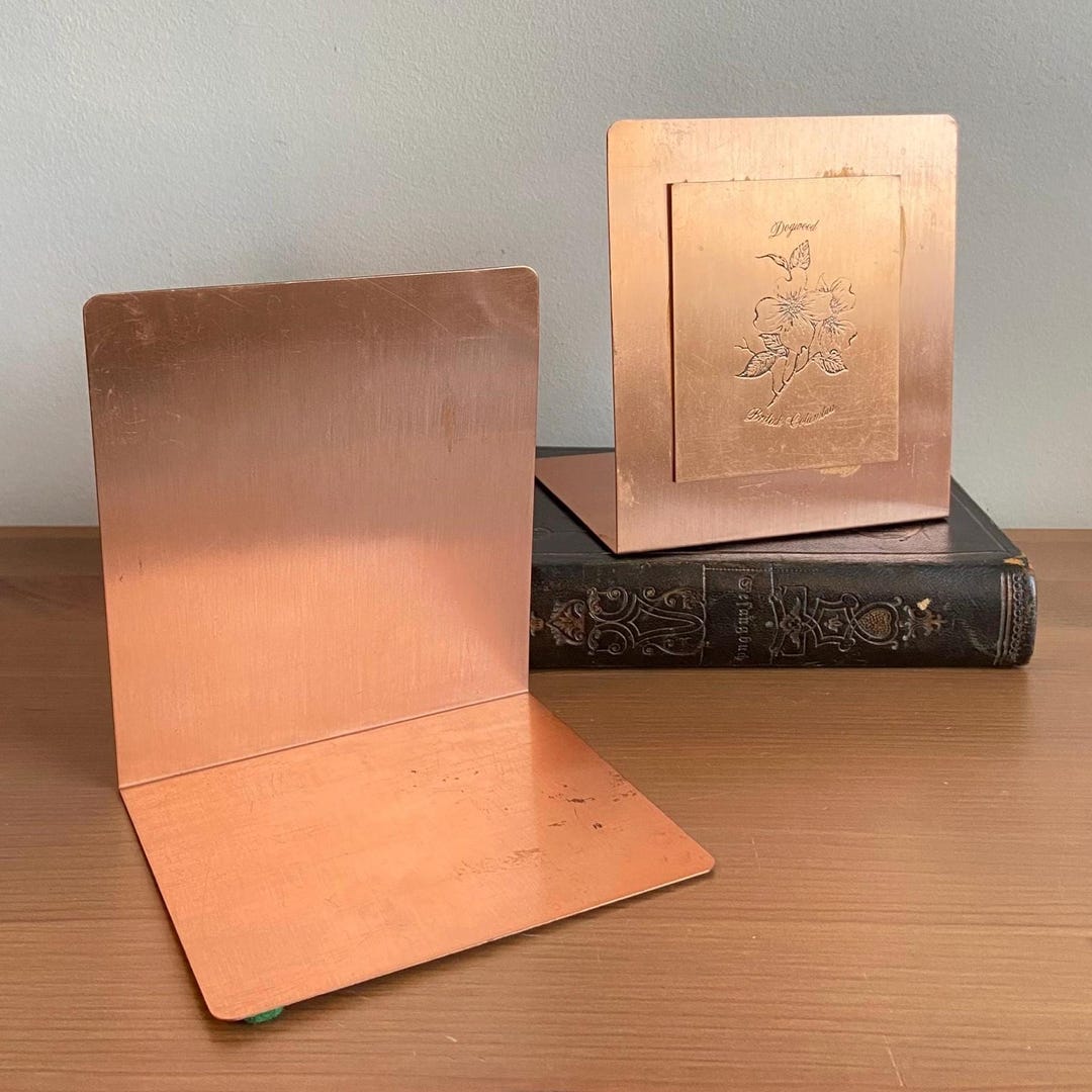 Vintage Copper Bookends “dogwood British Columbia” - Flower Engraved ...