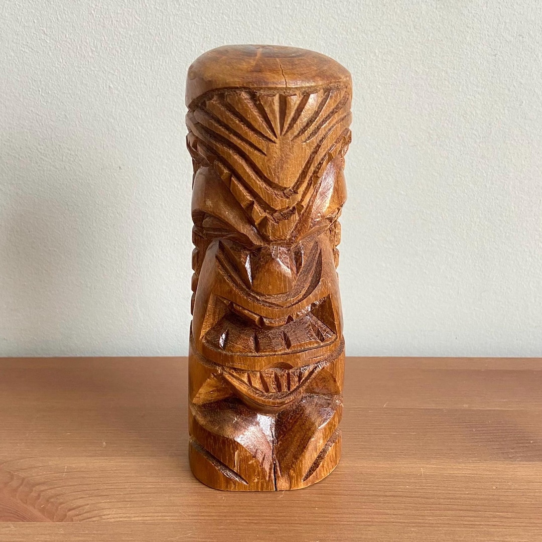 Vintage Wooden Hand Carved Tiki Statue - 6.3” T X 2.5” W - Retro Tiki ...