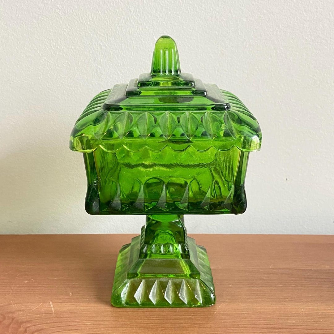 Vintage Jeanette Green Glass Square Dish With Lid - 6” T X 4” X 4 ...