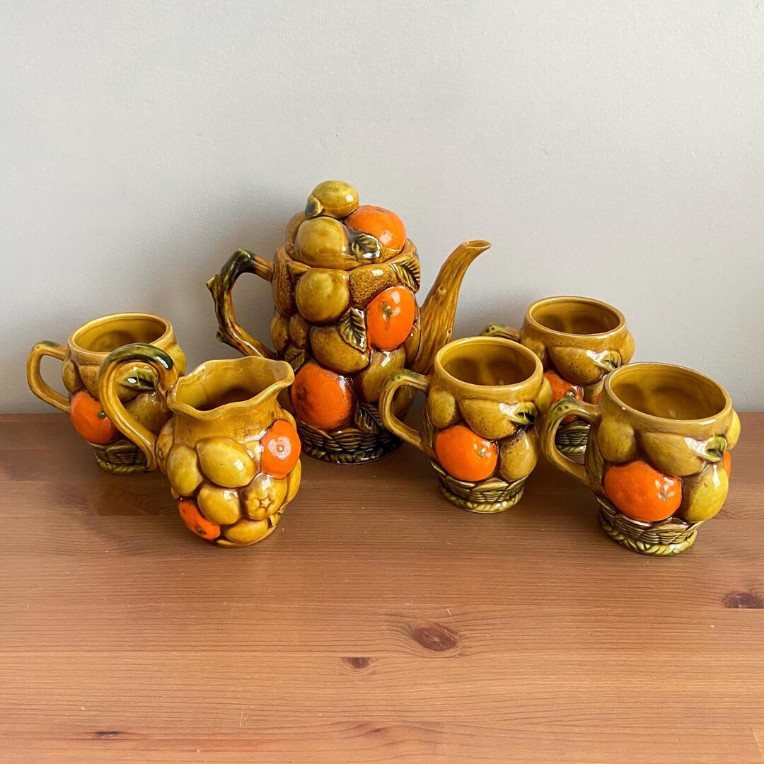 Vintage Inarco Japan Ceramic Citrus Tea Set: Teapot, Creamer, Mugs - Etsy