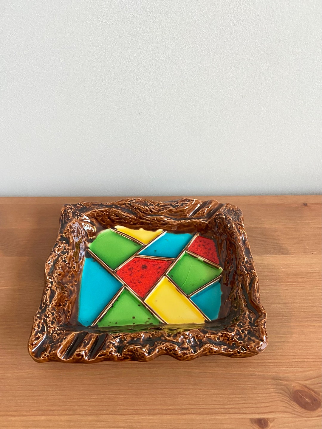 Vintage 70s MCM Stained Glass Style Ashtray - Faux Wood Ceramics - Etsy