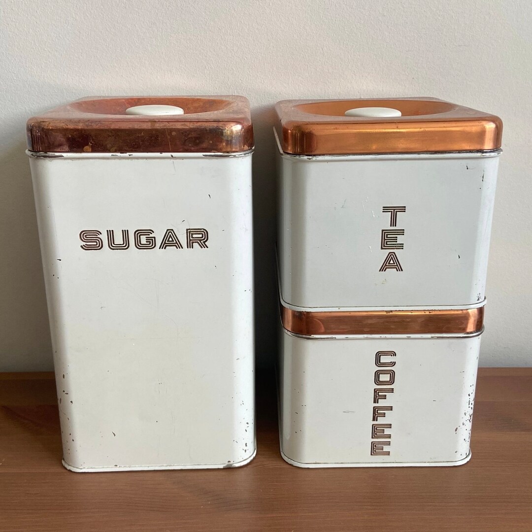 Vintage Enamel and Brass Kitchen Canisters - Set of 3 - Metal Kitchen ...