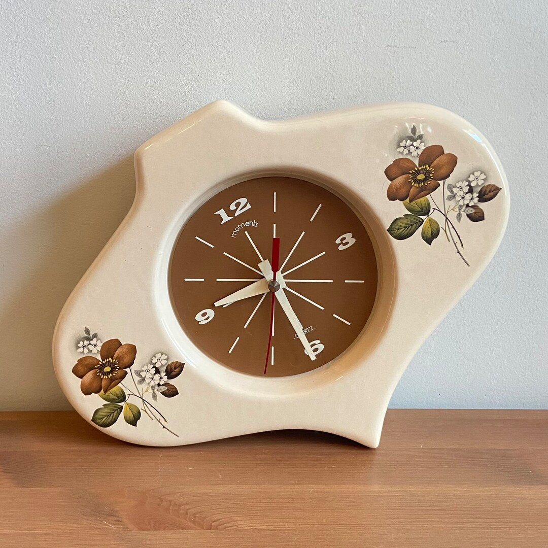 Vintage Ceramic MCM Wall Clock With Floral and Tan Ceramic - Brown ...
