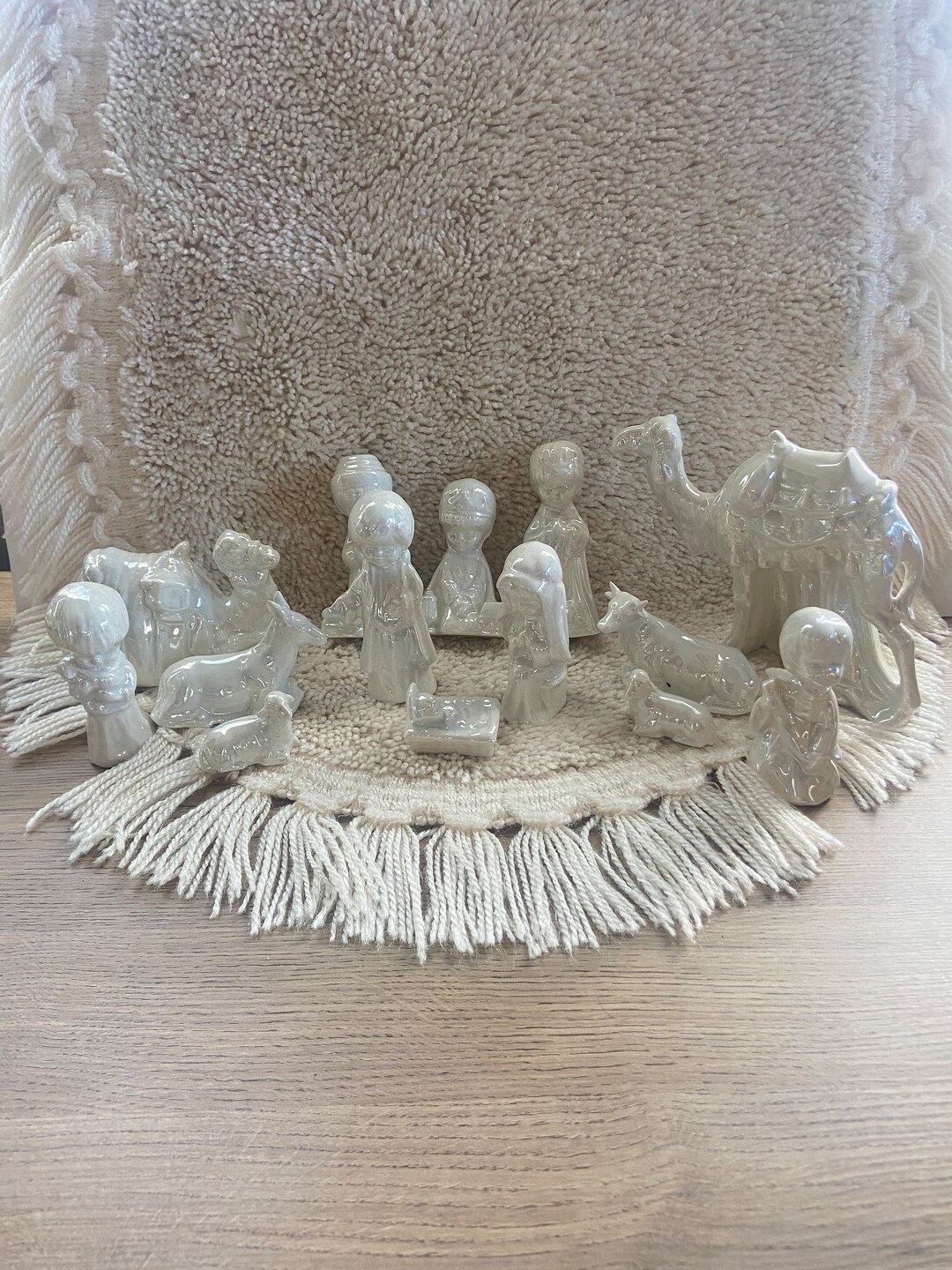Vintage Small Ceramic Nativity Scene - Mother of Pearl Glaze - 14 Piece ...