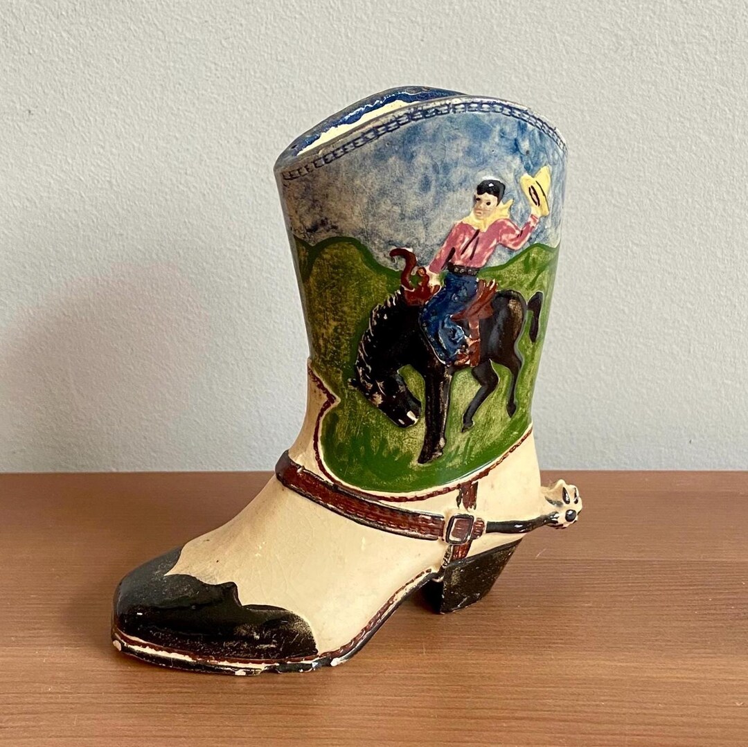 Vintage Hand Painted Ceramic Cowboy Boot - Cowboy Boot Vase or Planter ...