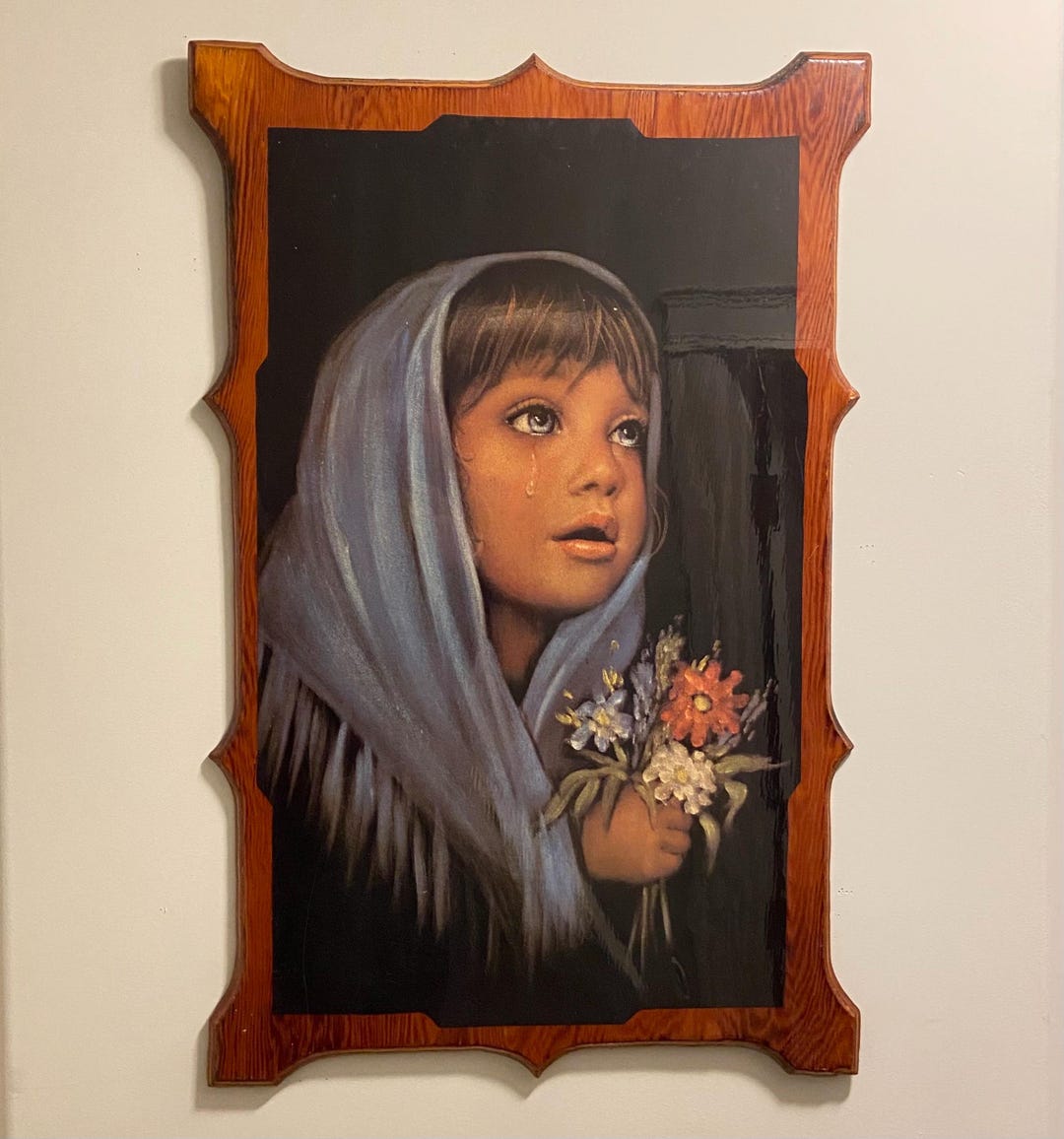 Vintage “krista With the Flowers” Crying Child Print on Unique Shaped ...