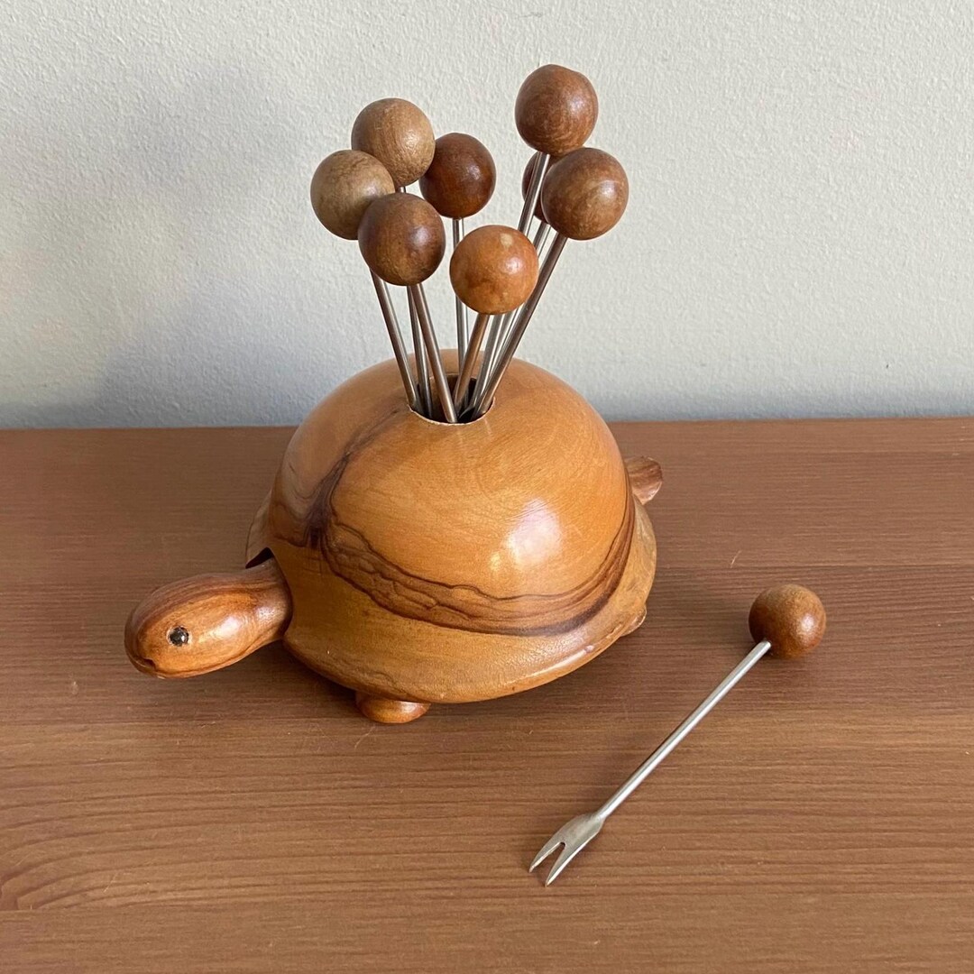 Vintage Wooden Turtle Hors D’oeurves Fork Holder - 4.5” L X 4” T - 9 ...