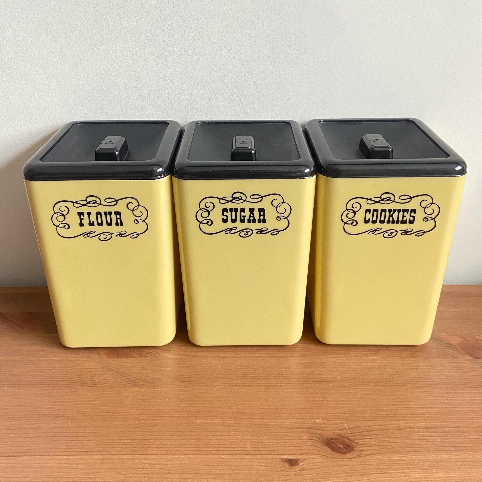 Vintage Yellow Plastic Kitchen Canister Set: Retro Flour, Sugar ...