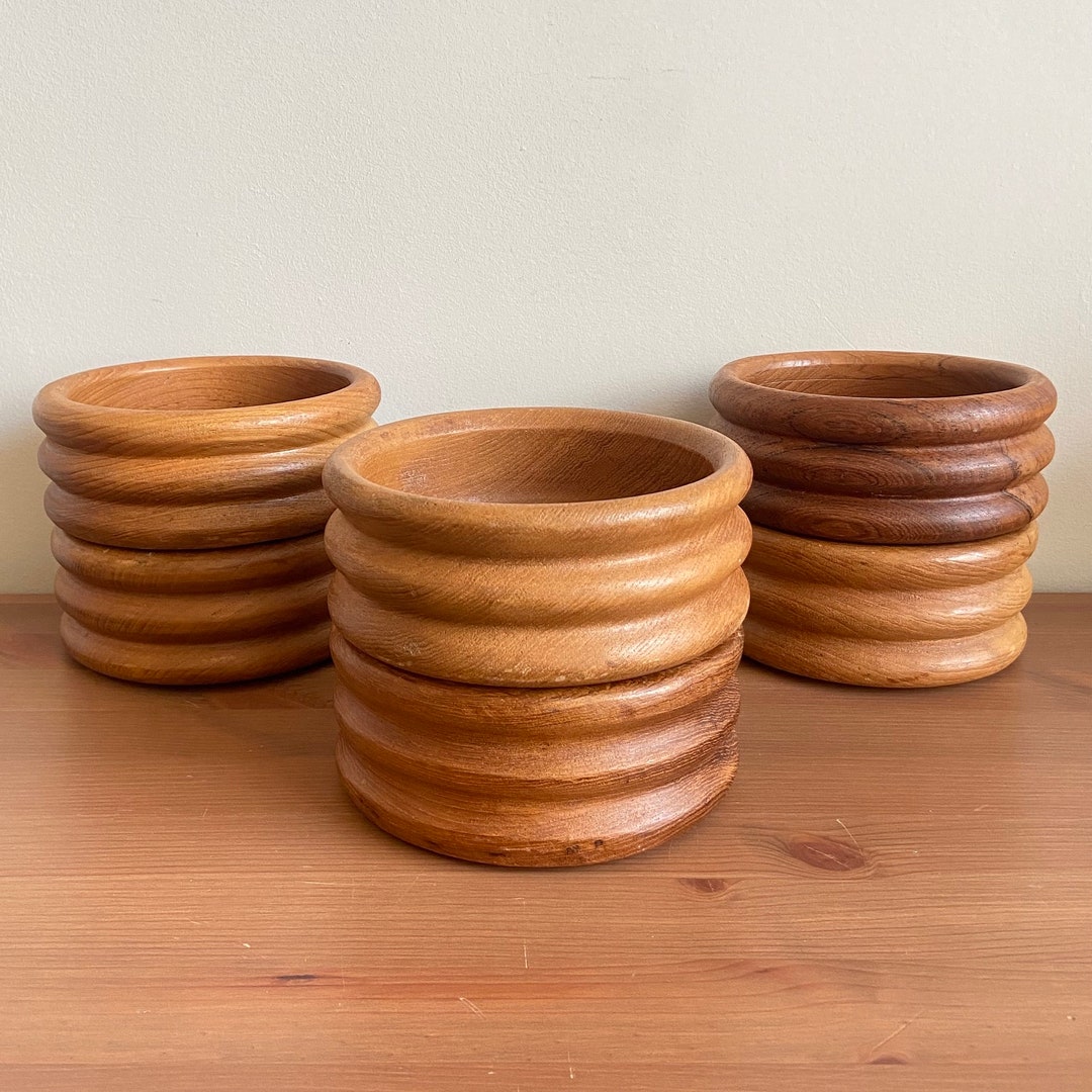 Vintage Teak Wood Salad Bowls: Wavey Bubble Design, Set of 6 - Etsy