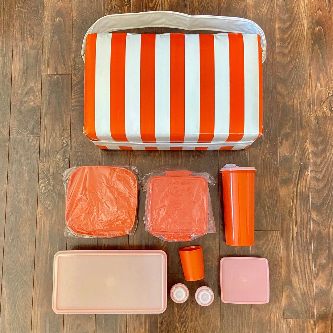 Vintage Orange Tupperware Picnic Set - With Striped Bag & Containers ...